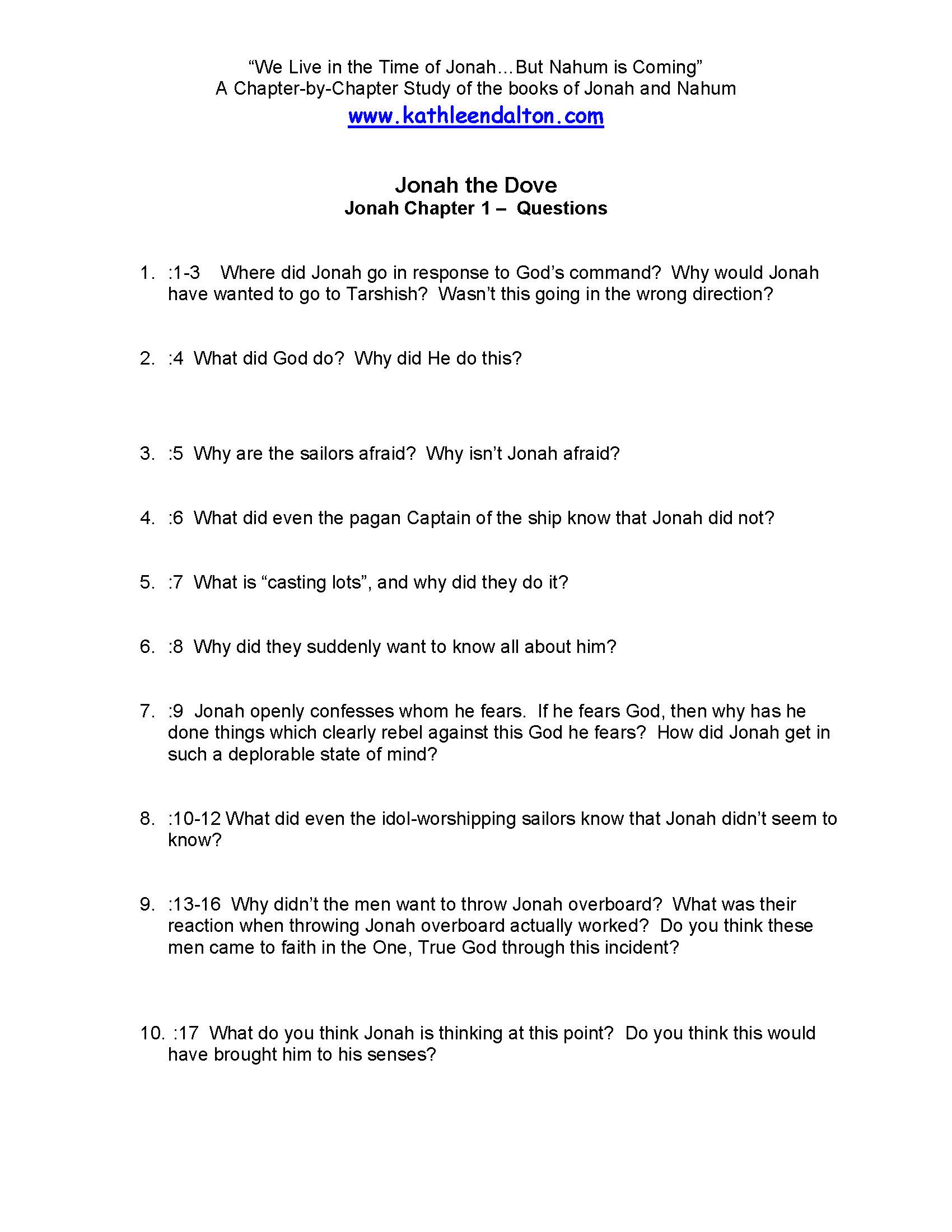 First Chapter of Jonah – Questions (2nd Week of our Jonah and Nahum ...
